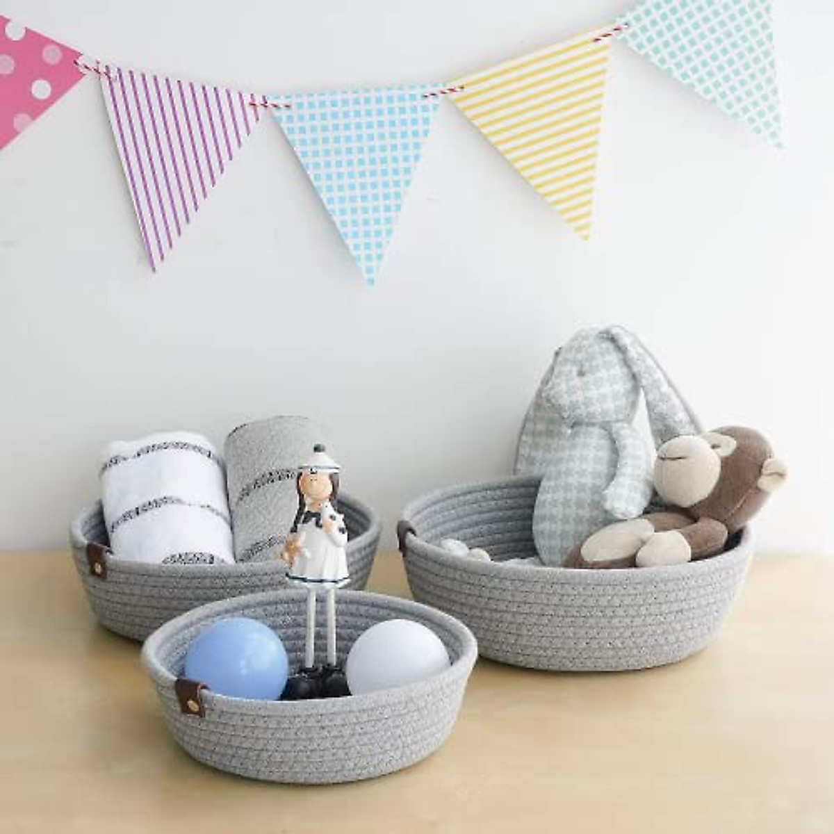 Goodpick 3pack Small Basket - Woven Storage Basket for Living Room Bathroom Storage Basket for towels Cute Round Basket for Baby Toy Storage Home Storage Baskets for Shelves Gift Baskets, Gray
