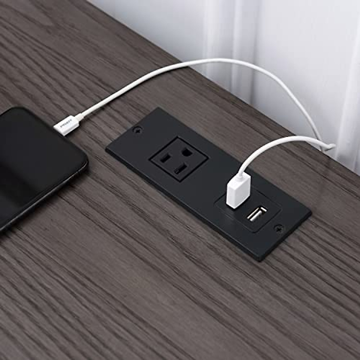 Leick Home 9075 Assembled Recessed Drawer and Bottom Door Nightstand Side Table with AC/USB Charger, Gray