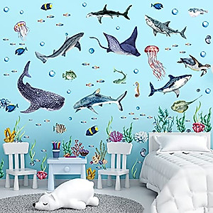 3 Pieces Large Watercolor Sharks Wall Decals Ocean Animal Peel and Stick Wall Sticker Under The Sea Marine Life Theme Decals Nursery Room Home Decor Boy Girl Kid Party Supply, 11.2 x 34.6 Inches