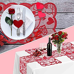 Valentines Day Decorations Table Runner with 4 Placemats, 13 x 72 Inch Red Rose Romantic Lace Table Mats Set for Valentine's Day Wedding Anniversary Party Supplies Home Table Dinner Decor