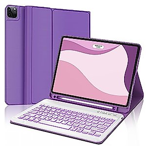 Keyboard Case for iPad Air 13-inch(M2, 2024) & iPad Pro 12.9 (6th 2022/5th 2021/4th 2020/3rd 2018 Gen), Detachable Bluetooth Keyboard| 7 Color Backlit| Slim Protection Cover with Pencil Holder, Purple