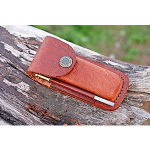 Handmade Damascus Steel Pocket Knife & Knife Sharpener - Damascus Folding Knife - Pocket Knife for Men, EDC Knife & Hunting Knife with Back Lock & Beautiful Pakka Wood Handle with Leather Knife Sheath