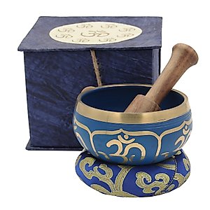 DharmaObjects® Tibetan Blue Yoga Meditation OM Singing Bowl Mallet Cushion Box Gift Set (Navy Blue)