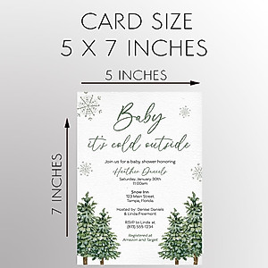 Baby It's Cold Outside Baby Shower Invitations Winter Invites Gender Neutral Unisex Trees Nature Green Snowflakes Snowfall Personalized Customized Custom Printed Cards (12 count)