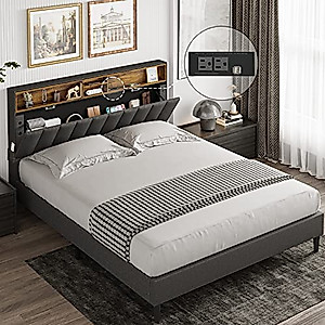 Tiptiper Full Size Bed Frame with Outlets, Platform Bed Frame with Storage Headboard and Height Adjustable, Fabric Upholstered Bed with Wooden Slat Support, No Box Spring Needed, Dark Grey