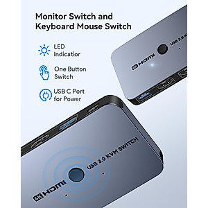 KVM Switch, ABLEWE Aluminum KVM Switch HDMI,USB Switch for 2 Computers Sharing Mouse Keyboard Printer to One HD Monitor, Support 4K@60Hz,2 HDMI Cables and 2 USB Cables Included