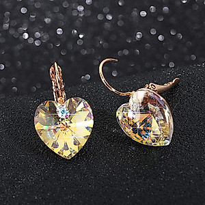 Austrian Crystal Heart Drop Leverback Earrings for Women 14K Rose Gold Plated Hypoallergenic Jewelry (Aurora Borealis)