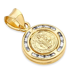 14k REAL Tri Color Gold Religious CZ Saint Benito Double Sided Charm Pendant