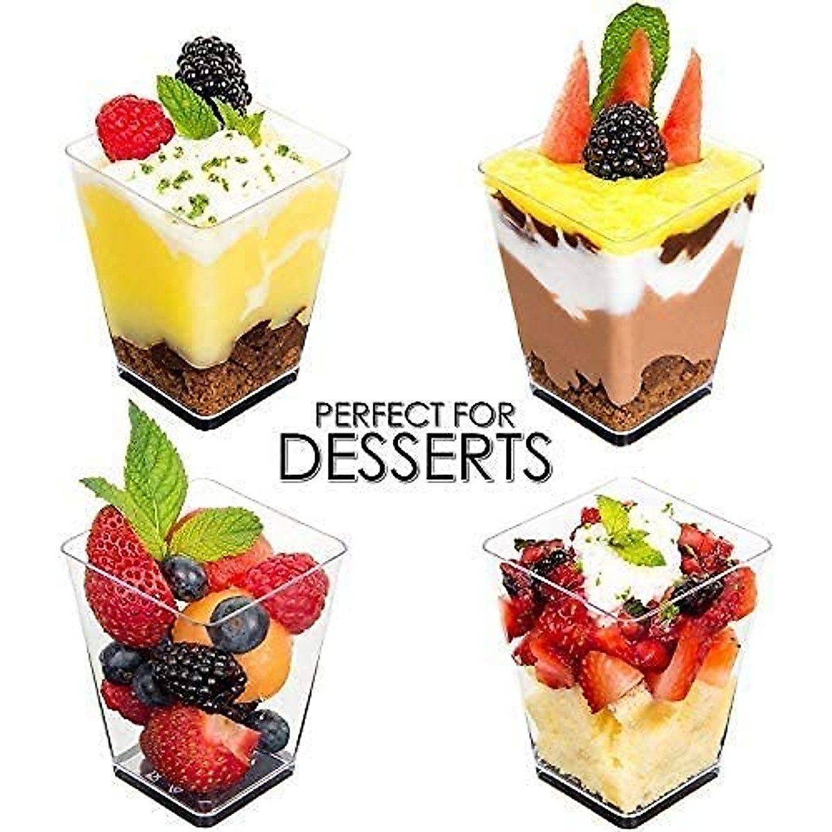 DLux 40 x 5 oz Mini Dessert Cups with Lids and Spoons, Square Large - Clear Plastic Parfait Appetizer Cup - Small Reusable Serving Bowl for Tasting Party Desserts Appetizers - Recipe Ebook