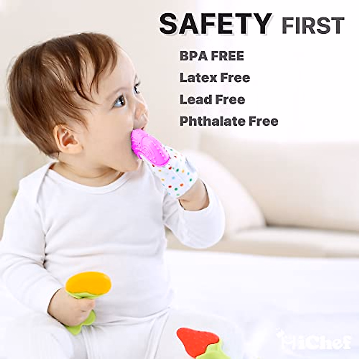 Teething Mittens for Baby (2 Pack) with Baby Teething Toys (3 Pack), Self Soothing Pain Relief Mitt, Silicone Baby Teethers, BPA-Free, Natural Organic Freezer Safe for Infants and Toddlers