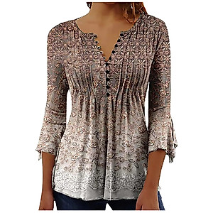Womens Tops And Blouses 3/4 Sleeve Graphic Tunic Tops Trendy 2024 Summer Casual v Neck Empire Waist t-Shirt Blouse