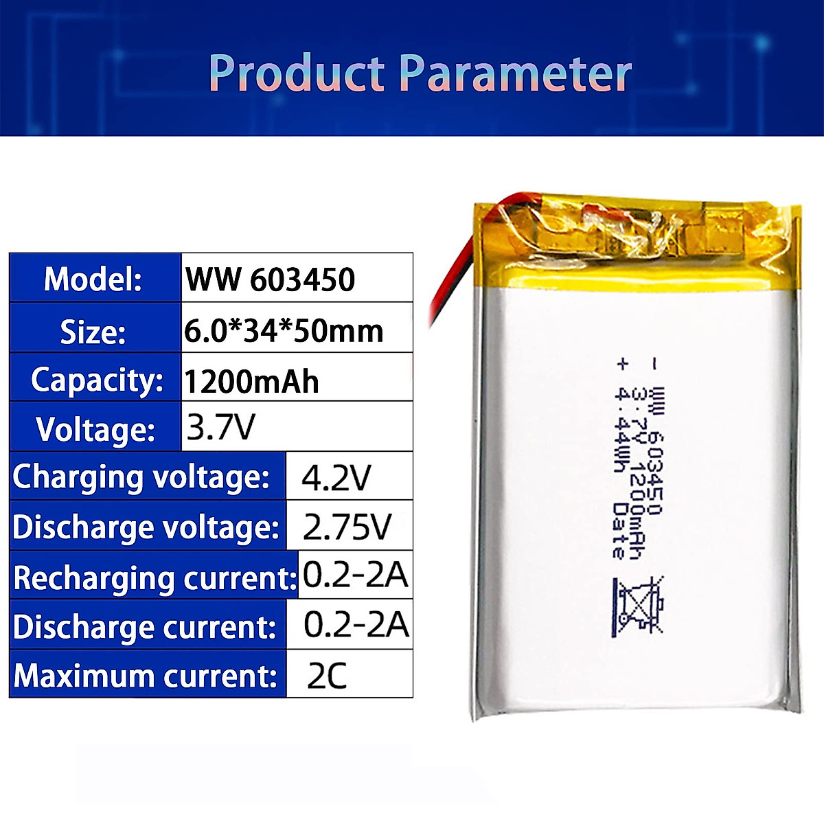 FREEDOH 1200mAh Lithium Battery 3.7V 1.2AH Rechargeable Lithium Polymer ion Battery 603450 Home Backup Polymer Batteries with Protection Board (2pcs)