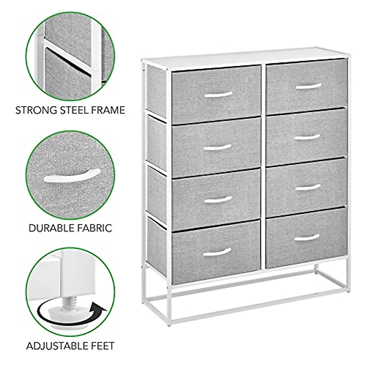 mDesign Wide Modern 8-Drawer Dresser Storage Unit, Sturdy Steel Frame, Wood Top, Easy-Pull Wood Handles/Fabric Bins, Organizer for Bedroom, Hallway, Entryway, Closet, Margo Collection, Gray