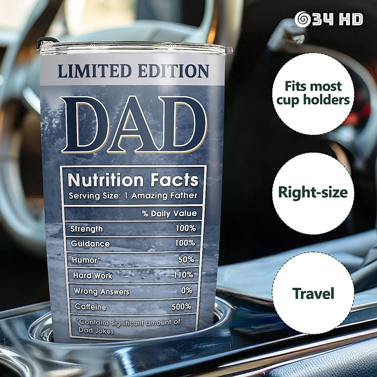 34HD Dad Light Tumbler with Lid, 20 oz Stainless Steel Vacuum Insulated Dad Coffee Mug, Daddy Gifts from Daughter Son Wife, Men Gifts for Fathers Day Birthday Christmas