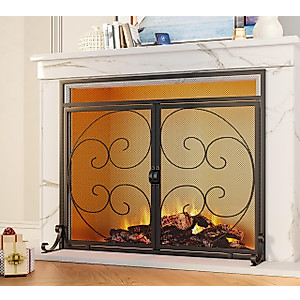 Fire Beauty Fireplace Screen with Magnetic Doors,Large Metal Fireplace Screen for Home,Spark Guard,Decorative Metal Furnace Fireguards,Baby Safe Spark Guard Protector,Black