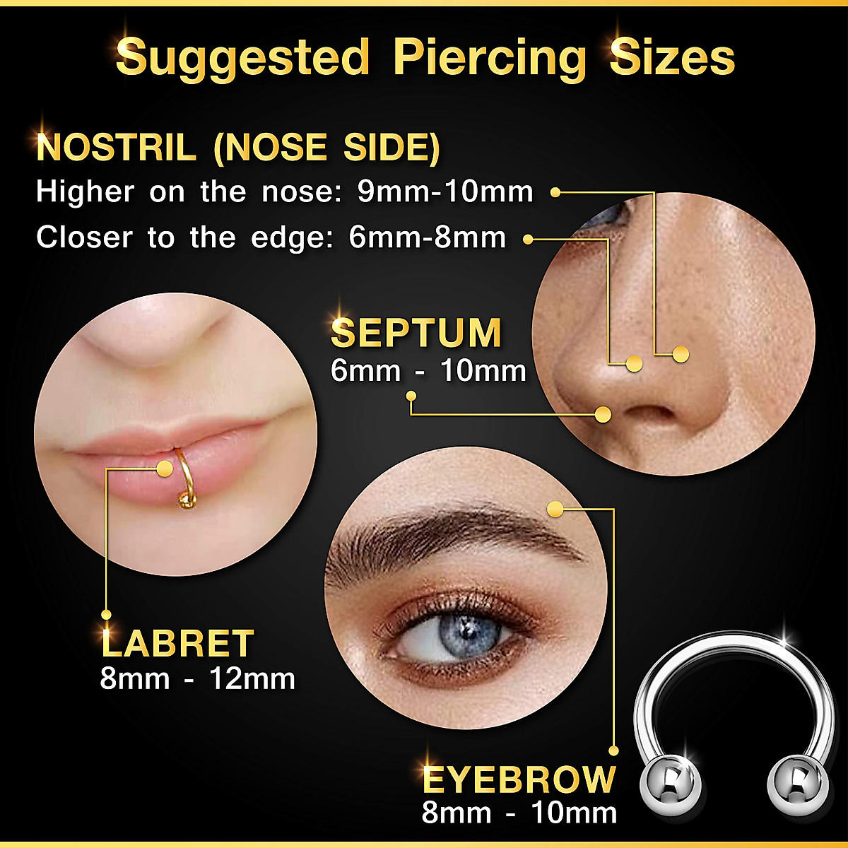 KJM FASHION 4PCS Surgical Steel Horseshoe Ring 16g 1.2mm 7/16 11mm 3mm Ball Septum Nose Tragus Eyebrow Earrings Lip Piercing Jewelry 7545