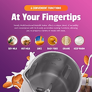 Venoly Nut Milk Maker Machine - Convenient Nut Milk Machine for Homemade Plant-Based and Dairy-Free Beverages | Nut and Soy Milk Maker with Stainless Steel Blades Produces Up To 5.5 Cups (Purple)