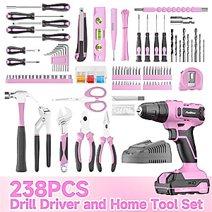 PULITUO 20V Cordless Pink Drill Tool Kit Set Power Drill Tool Box with Battery Electric Drill Driver 238-Piece Lady's Repairing Kit Toolbox Tools Sets