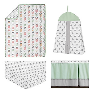 Grey, Coral and Mint Woodland Arrow 4 Piece Girls Crib Bed Bedding Set