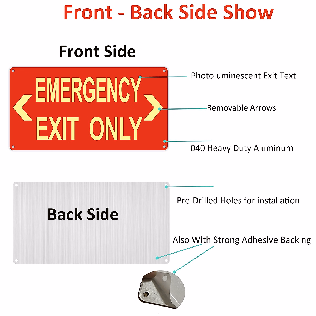 (2Pack) Photoluminescent Emergency Exit Sign Red, Glow In The Dark Aluminum Exit Sign - Adhesive Backing - 4pcs Removable Arrows Included - 14.25 x 7.5 Inches - Non Electrical Exit Sign