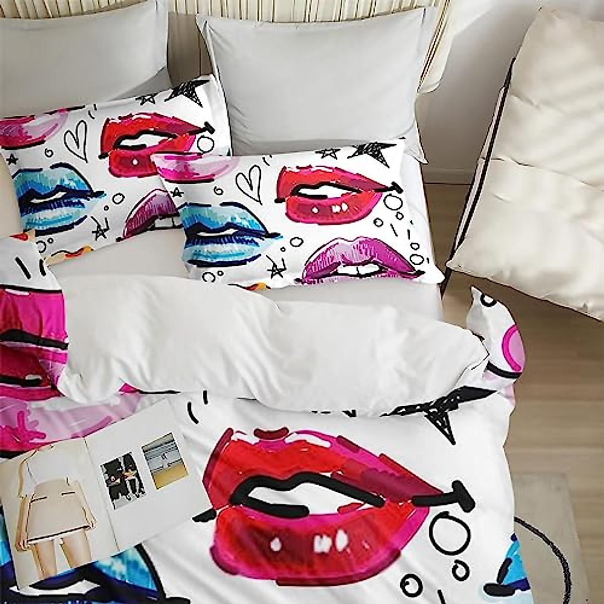 Duvet Cover King Size, Makeup Woman Sexy Love Bedding Set with Zipper Closure for Kids and Adults, Red Valentine Female Comforter Cover with 2 Pillow Shams for Bedroom Bed Decor