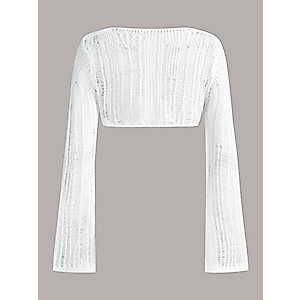 Verdusa Women's Hollow Out Sheer Long Sleeve Sweater Knit Crop Pullover Top White L