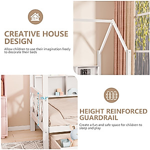 HUMEHA Full House Bed with Roof and 2 Storage Drawers for Kids, Wooden Full Size Bed Frame with Storage Shelves Guardrails and Wood Slats for Boys Girls,No Box Spring Required, White