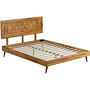 Bme Georgina Queen Bed Frame and Headboard, Handcrafted Geometric Pattern Solid Wood Platform Bed Frame, No Box Spring Needed, 12 Strong Wood Slats Support, Easy Assembly, Teak Brown