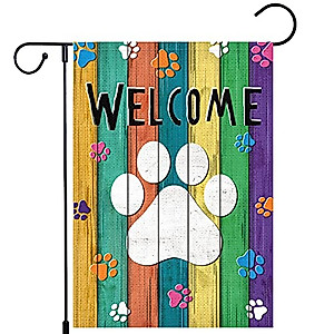Welcome Spring Summer Garden Flag Colorful Footprint Summer Flags 12x18 Double Sided Burlap Vertical Spring Yard Banner for Seasonal Outdoor Farmhouse Decoration(ONLY FLAG)