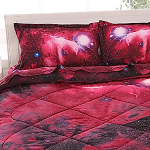 Wowelife Galaxy Bedding Twin Space Bedding Set Red 5 Piece Twin Comforter Set with Comforter, Fitted Sheet and 2 Pillowcases