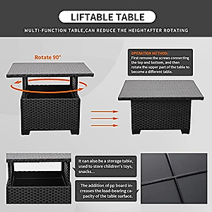 Outdoor PE Wicker Liftable Coffee Table - Patio Rattan Garden Furniture Multi-Functional Storage Tea Table, Black