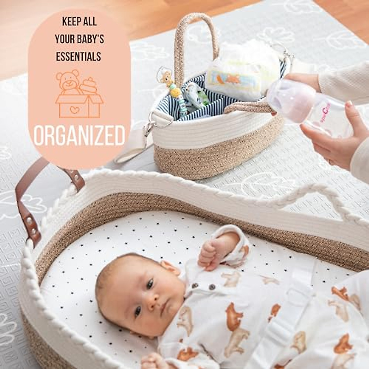 Baby Changing Basket Set - Diaper Caddy with Strap, Multi Handle Handmade Boho Cotton Rope Basket with Portable Bag, Soft Fleece Blanket, Waterproof Pad, Milestone Markers - Table Topper Changing Pad