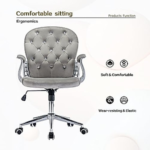 Haplized Velvet Home Office Chair with Wheels, Cute Desk Chair with Side Arms and Wheels 360°, Height Adjustable Armchair for Living Room, Bedroom, Vanity Room, Bling Desk Nail Desk for Women (Grey)