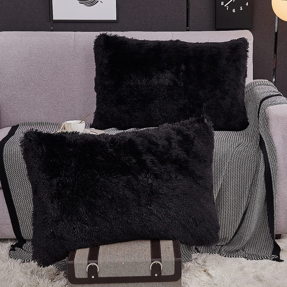 WERDIM Shaggy Fluffy Faux Fur Pillowcases 2 Pack Button Closure Velvet Pillow Shams Standard/Queen Size (Black, 20 X 26 Inches)
