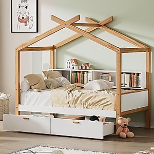 SOFTSEA Full Size Wooden House Bed Original Wood Colored Frame with 2 Drawers and Bookshelf Storage Space for Kids Bedroom, Guest Room, No Box Spring Needed, Easy Assembly, White