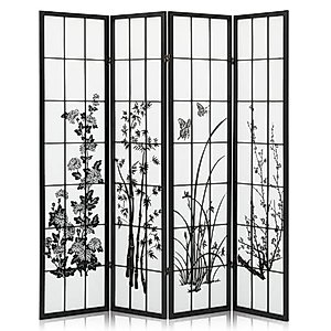 Magshion Folding Room Dividers 5.9ft 4-Panel Portable Room Separators Divider Wall, Oriental Ink Four Noble Ones Print Folding Room Dividers Freestanding Black Screen for Home Office