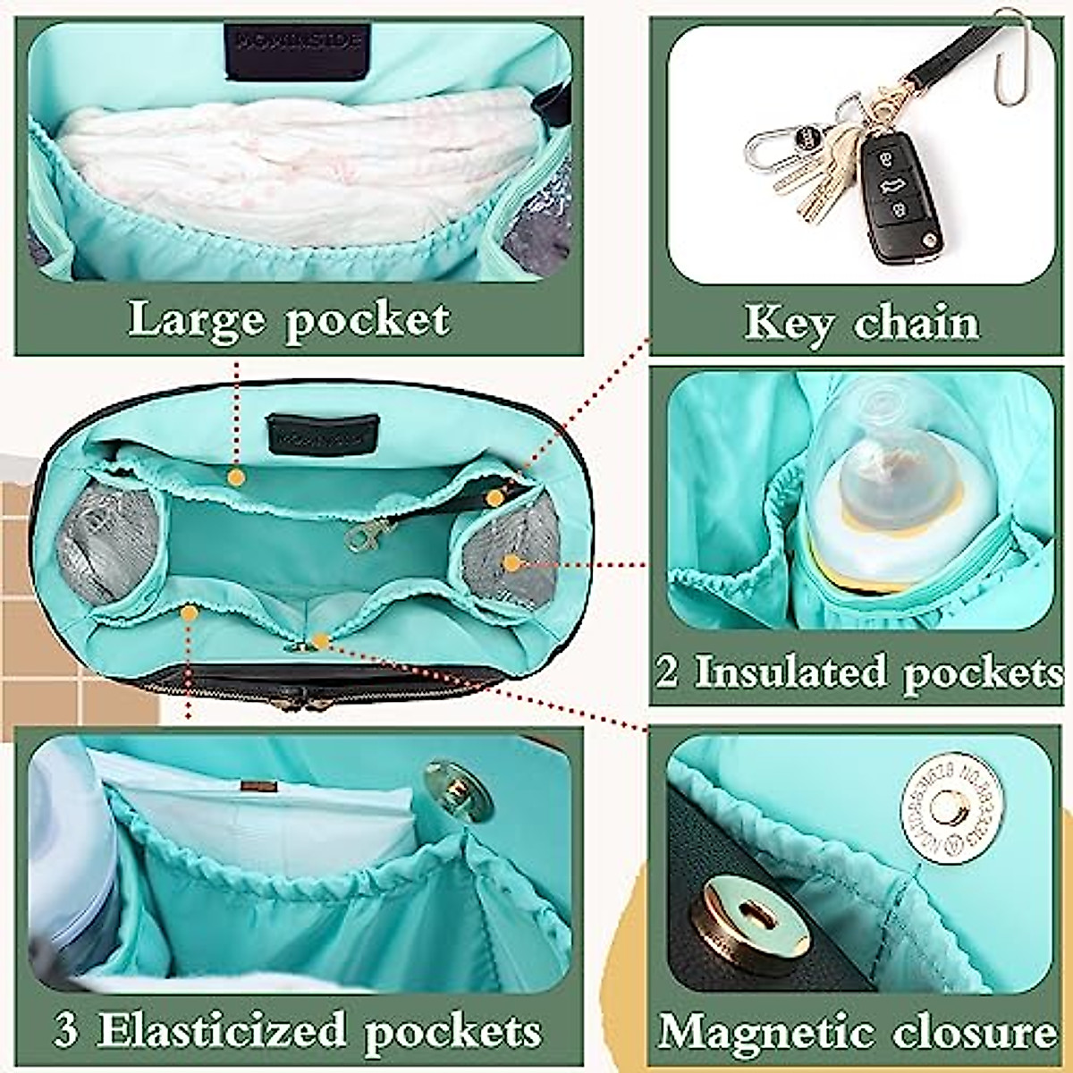 MOMINSIDE Stroller Organizer with Insulated Cup Holders, 10 Pockets Stroller Accessories Leather, Universal Stroller Caddy, Adjustable Straps, Zippered Pocket, Fit All Strollers (Black)