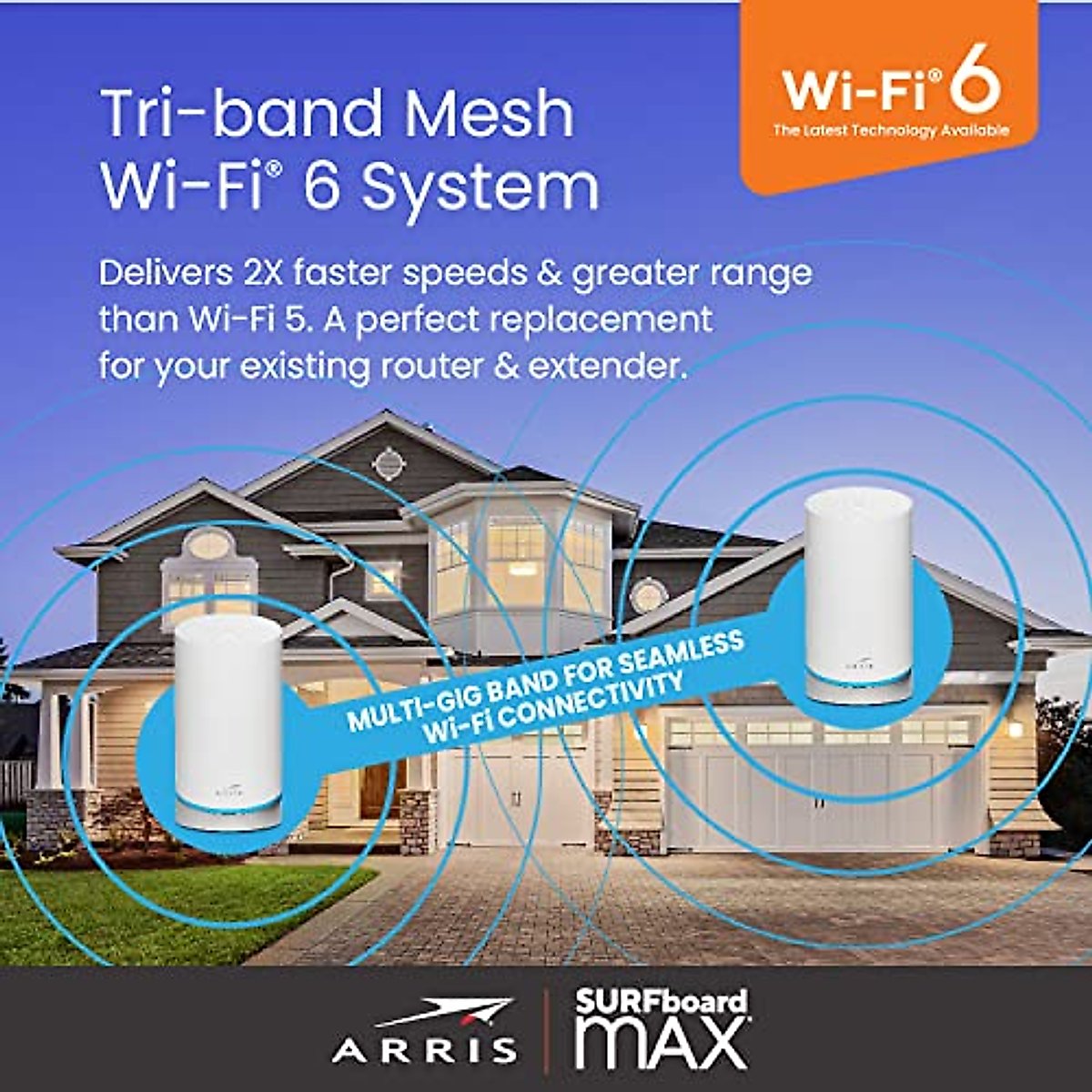 ARRIS SURFboard mAX W121 Tri-Band Mesh Wi-Fi 6 System | AX6600 Wi-Fi Speeds up to 6.6 Gbps | Coverage up to 5,500 sq ft| 4.8 Gbps Backhaul | Two 1 Gbps Ports per Node | Alexa Support |2 Year Warranty