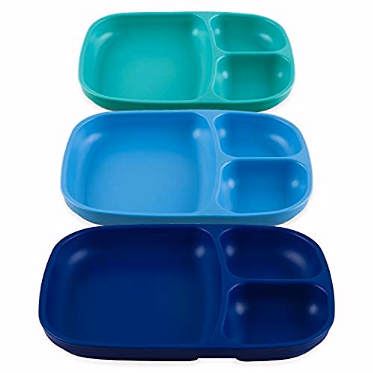 Re-Play Made in USA Large, Deep Walled Divided Plates for Kids, Set of 3 - Reusable 3 Compartment Plates, Dishwasher and Microwave Safe - 9" x 7.5" x 1.25" Divided Trays, True Blue
