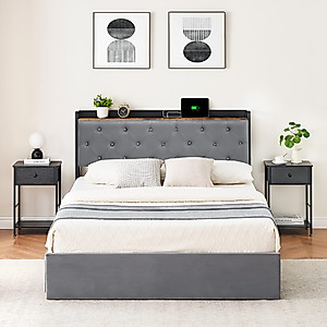IDEALHOUSE Queen Bed Frame with 4 Storage Drawers and Charging Station, Grey Upholstered Bed Frame with Storage Headboard, No Box Spring Needed, Noise-Free