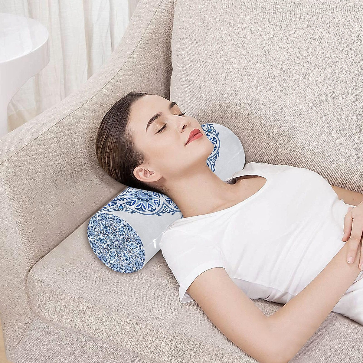 xigua Blue Decorative Floral Neck Roll Pillow for Neck Relief with Removable Washable Cover - Memory Foam Round Cylinder Bolster, Ergonomically Designed for Head, Neck, Back, and Legs