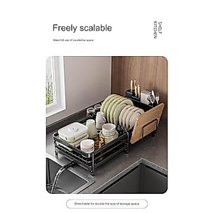 Taqargzy Dish Drying Rack Large Dish Drying Rack with Drainboard Set, Extendable Dish Rack, Utensil Holder, Cup Holder, Expandable Dish Drainer for Kitchen CounterCup Holder,(Black1)