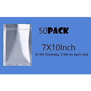 50 Mylar Bags for Food Storage, Mylar Bags 1 Quart 7"x10"- Thick 10 Mil, Stand-Up Vacuum Sealing Sealable and Ziplock Resealable Bags - Odor Free Heat Resistant, Airtight Food Storage Foil Bags