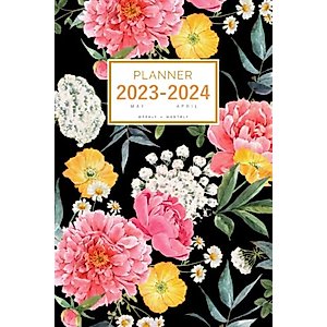 Planner 2023-2024: 6x9 Weekly and Monthly Organizer from May 2023 to April 2024 | Peony Summer Flower Design Black