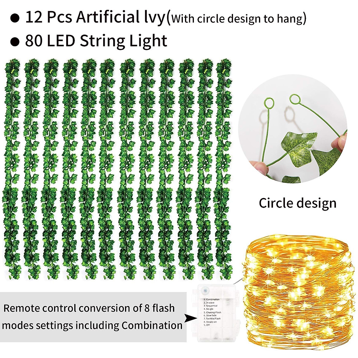 COOLUCK 84Ft 12 Pack Artificial Ivy Leaf Plants Vine with 80 LED String Light,Green Vines Garland, Hanging for Home Kitchen Office Wedding Wall Décor