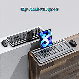 Wireless Keyboard and Mouse Combination, Silent Numeric Keypad and Adjustable DPI Mouse, Built-in Phone & Tablet Stand, Compatible with MacBook, Windows Computer, Black