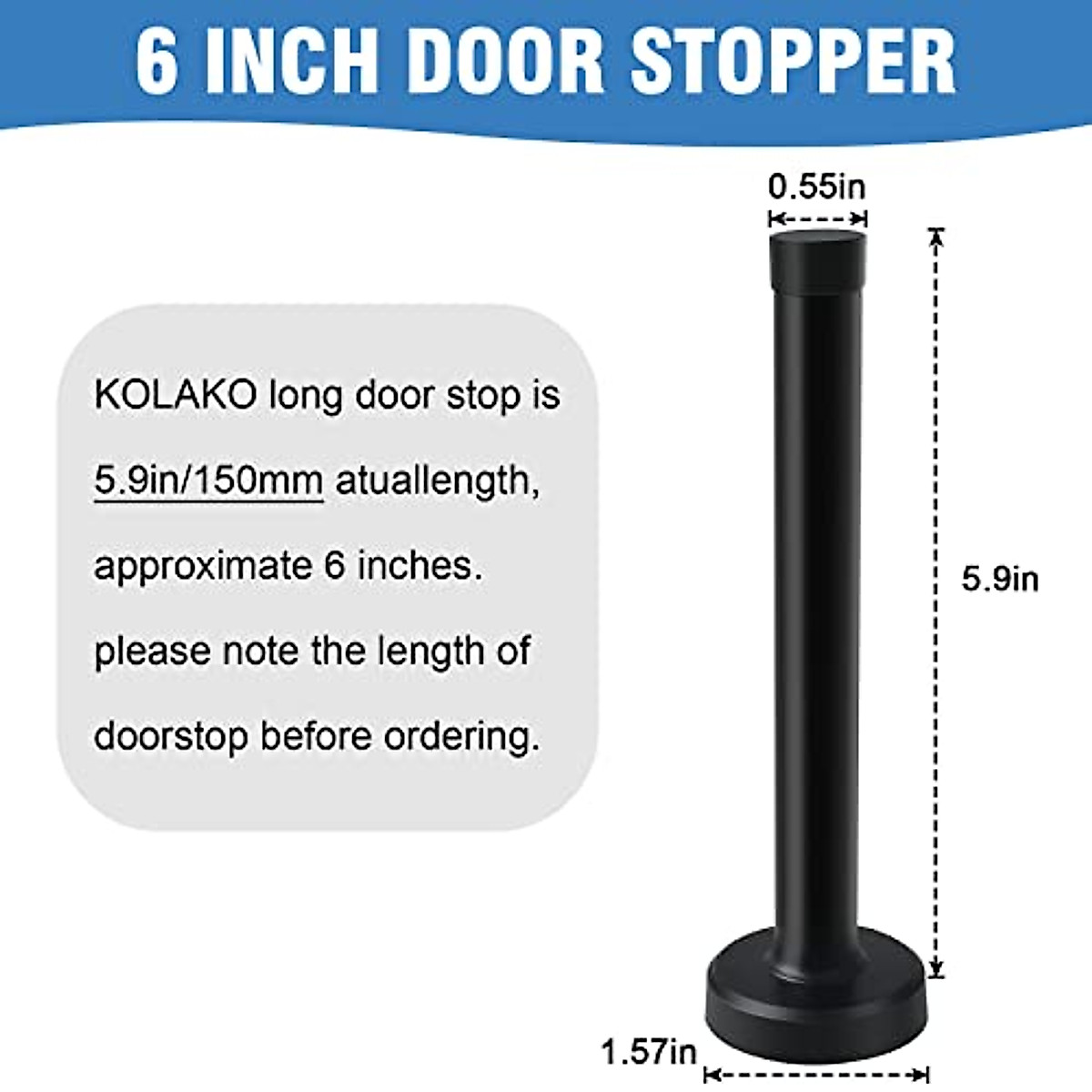 Door Stops, Wall Mount Door Stopper, Brushed Stainless Steel, Extra Long Doorstops with Sound Dampening Rubber Tip Bumper, Wall Door Protector 6 Inch 1 Pack Black
