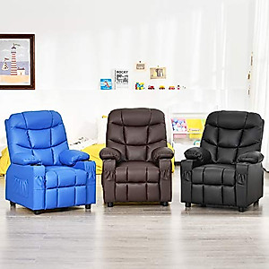 Costzon Kids Recliner Chair with Cup Holder, Adjustable Leather Lounge Chair w/Footrest & Side Pockets for Children Boys Girls Room, Ergonomic Toddler Furniture Sofa, Kids Recliner (Black)