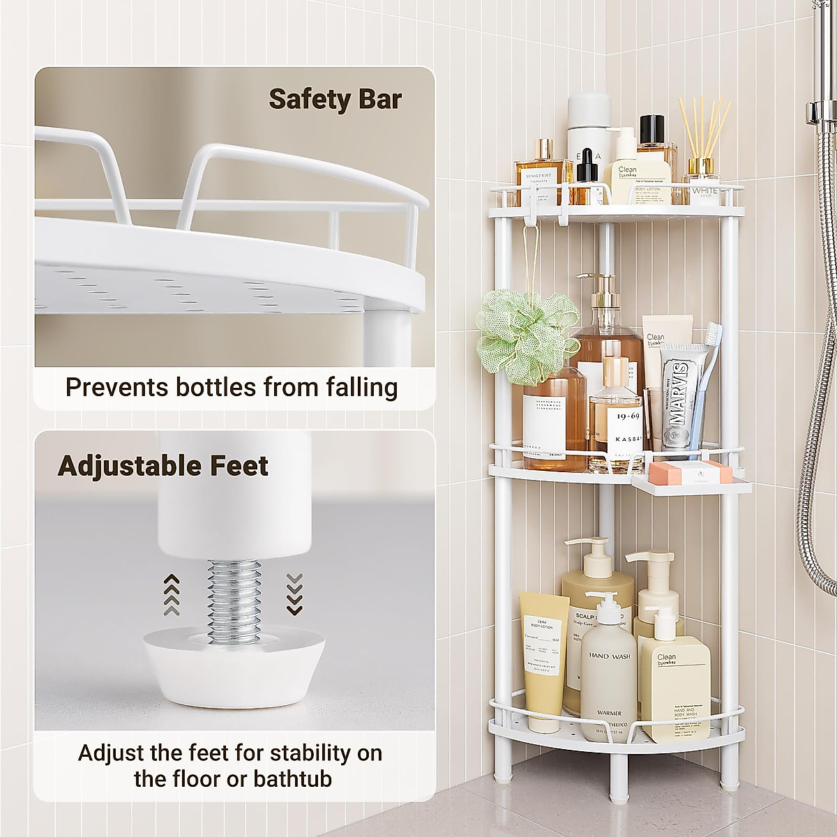ELYKEN Corner Shower Caddy Standing, 3 Tier Rustproof Metal Shower Organizer with Soap Holder, Floor Shower Corner Shelf Rack Storage Stands with Adjustable Feet & 2 Hooks for Bathroom, White