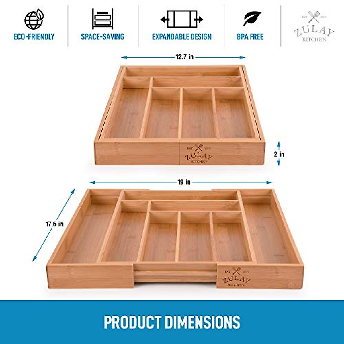 Zulay Expandable Bamboo Drawer Organizer - Adjustable Kitchen Drawer Organizer - Perfect Utensil Organizer For Silverware, Kitchen Knives, Flatware, and More